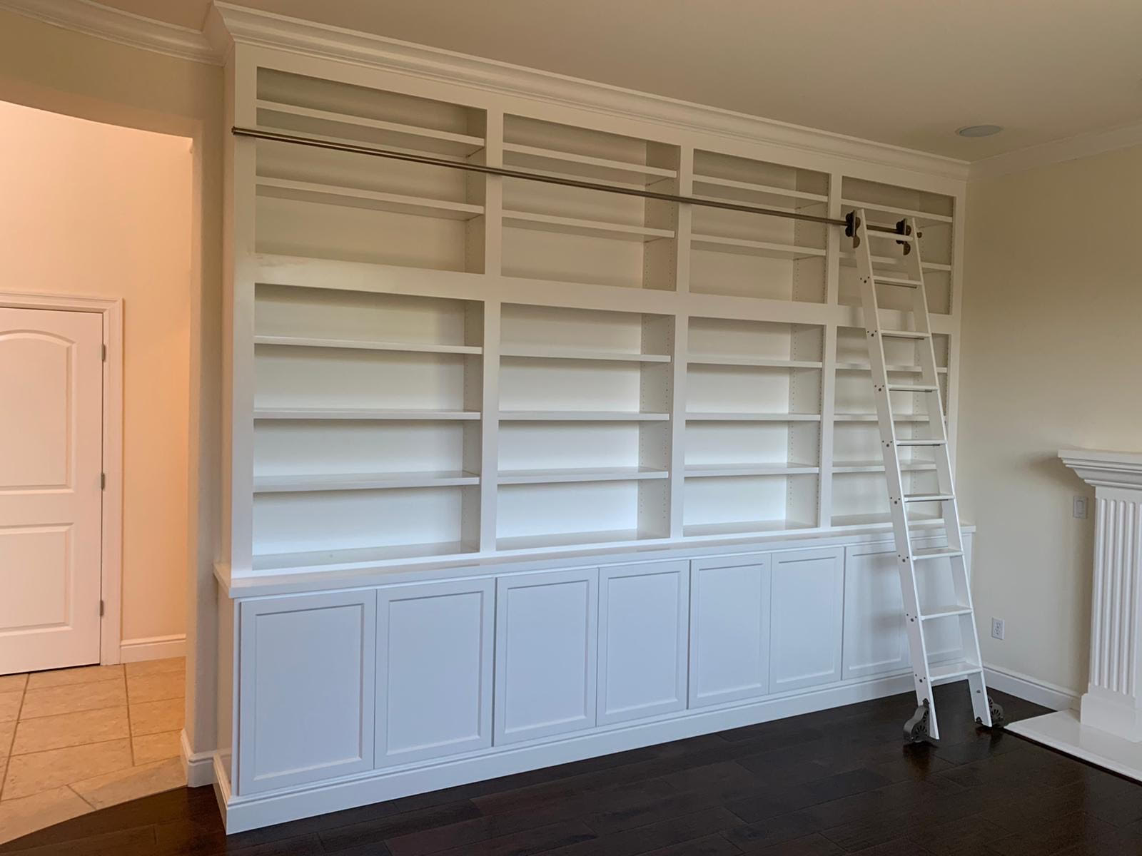Custom Library Book Case with Rolling Ladder – Elite Custom Cabinetry Inc.